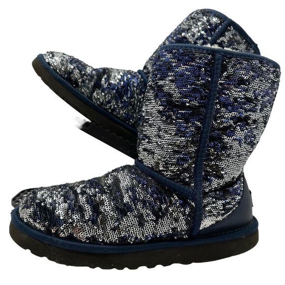 UGG | Shoes | Ugg Boots Womens8 Classic Short Blue Cosmo Sequin Ankle Booties Snow Sparkle ...
